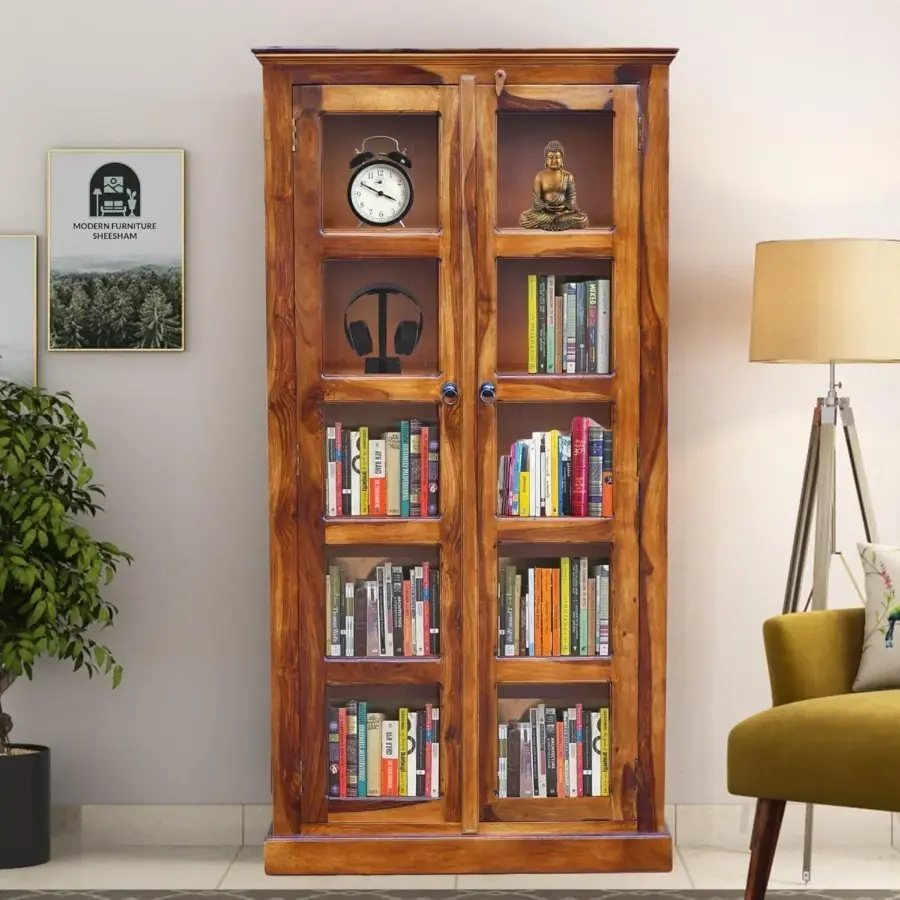 Wooden book shelf with glass door store
