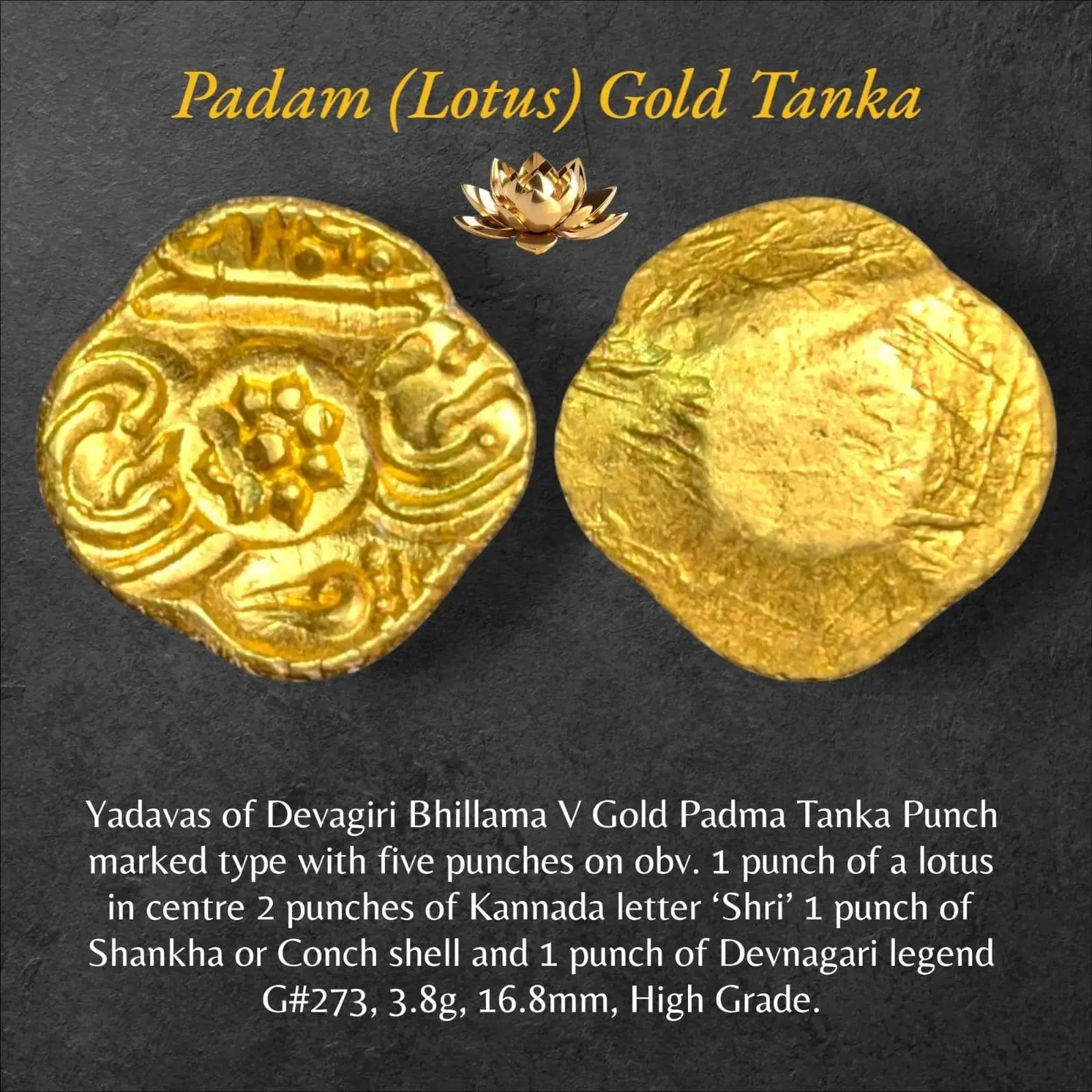 Buy Rare AD1185 Gold Padma Tanka Coin of Bhillamadeva V of Yadavas of ...