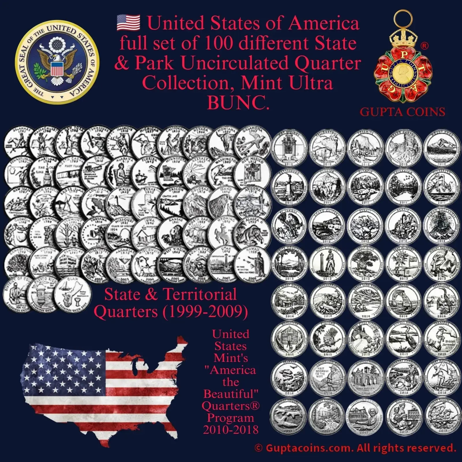 USA 1999-2008 full set of 100 different State & Park quarter